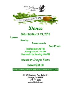 luck of the Irish Social Dance Flyer - Phill's Ballroom Dance Studio